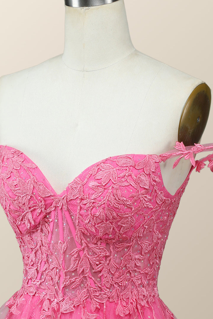 Off the Shoulder Hot Pink Lace Short Homecoming Dress – Ohmollydress