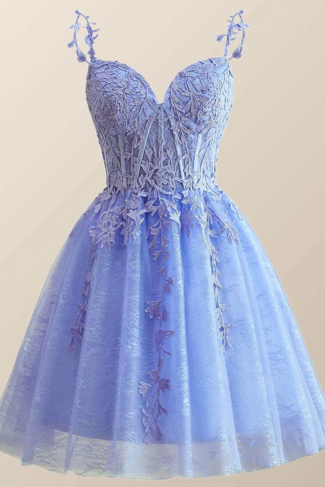 Straps Periwinkle Lace Appliques A-line Short Dress - Ohmollydress