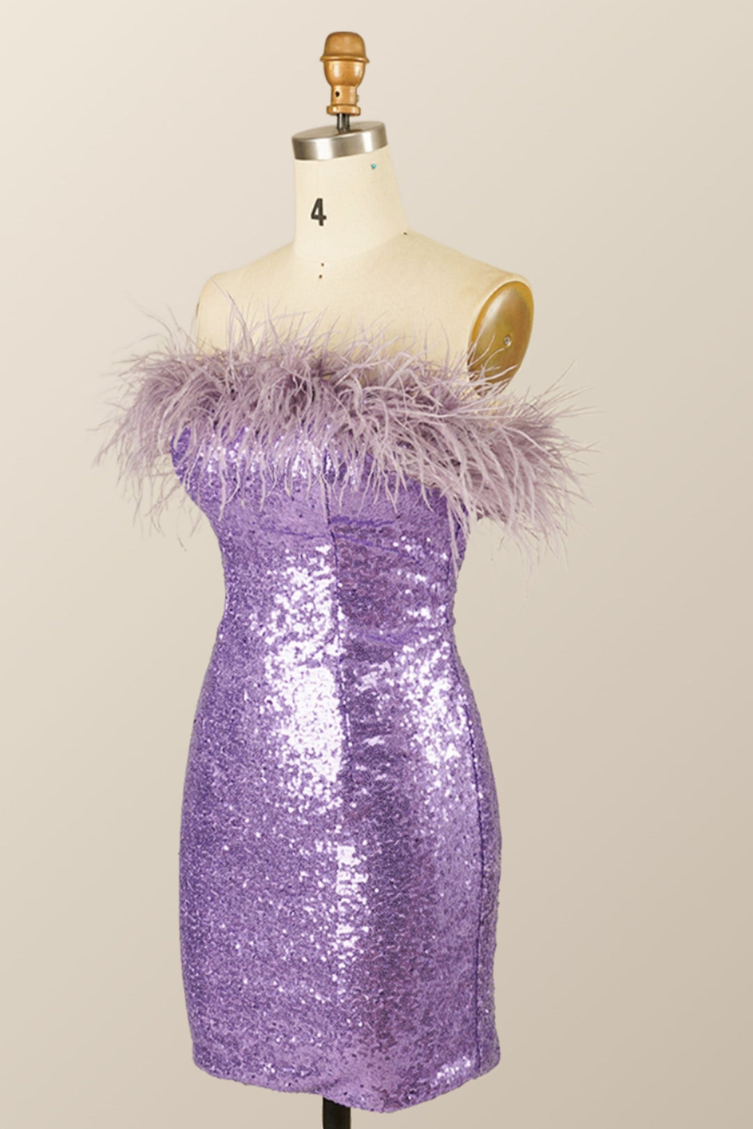 Feather Strapless Purple Sequin Mini Dress Ohmollydress