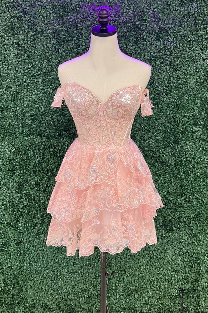 Off the Shoulder Red Appliques Tiered Short Princess Dress - Ohmollydress