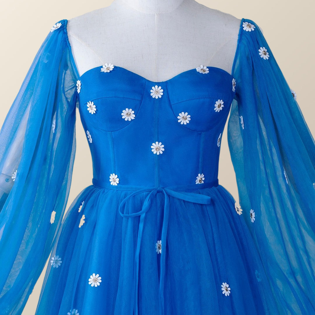 Daisy Embroiderd Blue Puffy Sleeves Mini Dress – Ohmollydress