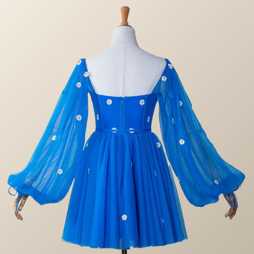 Daisy Embroiderd Blue Puffy Sleeves Mini Dress – Ohmollydress